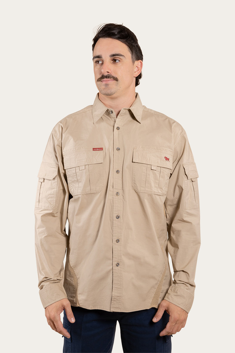 Pilbara Mens Ripstop Full Button Work Shirt - Camel